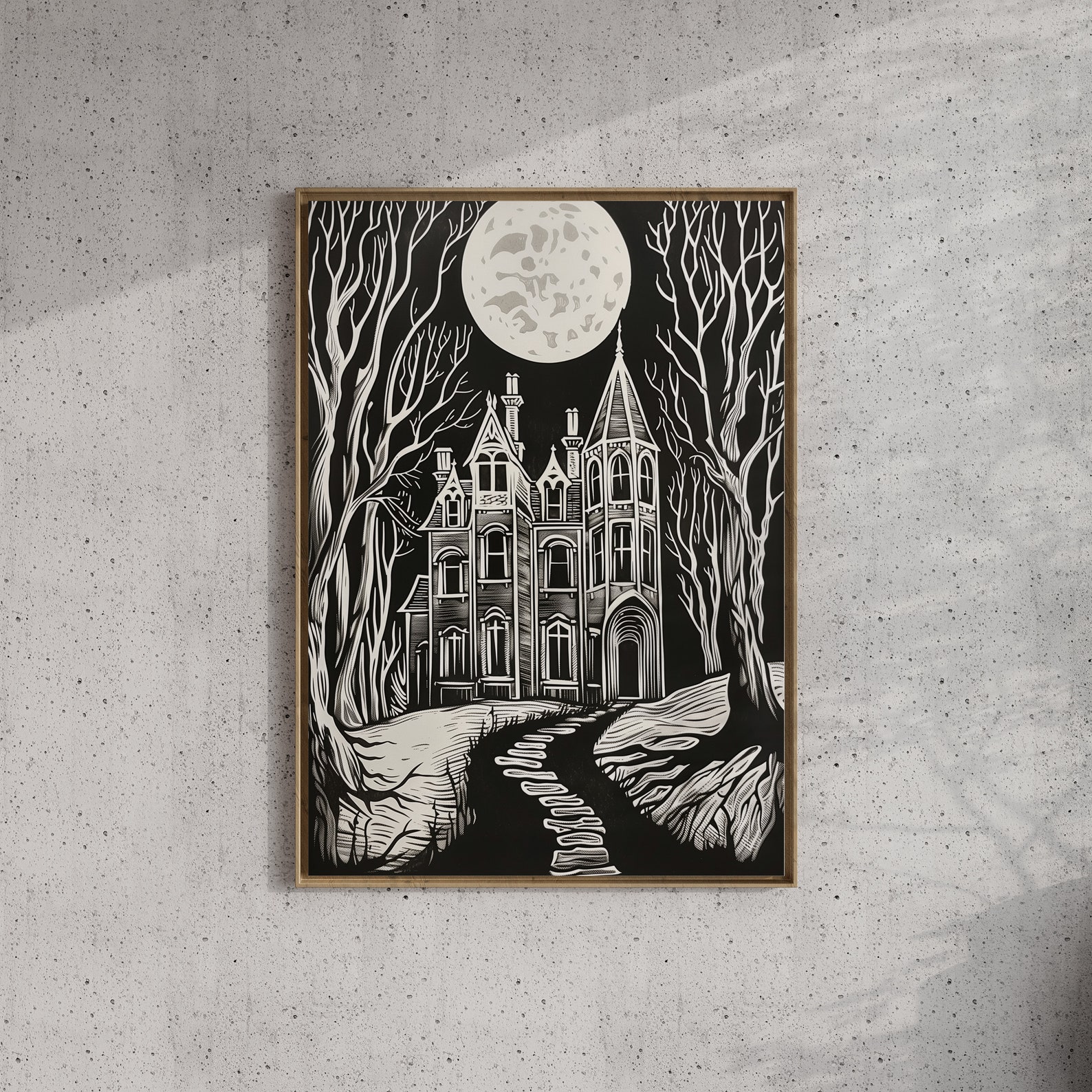 Haunted Mansion Linocut Print: Gothic Victorian House Wall Art (digital ...