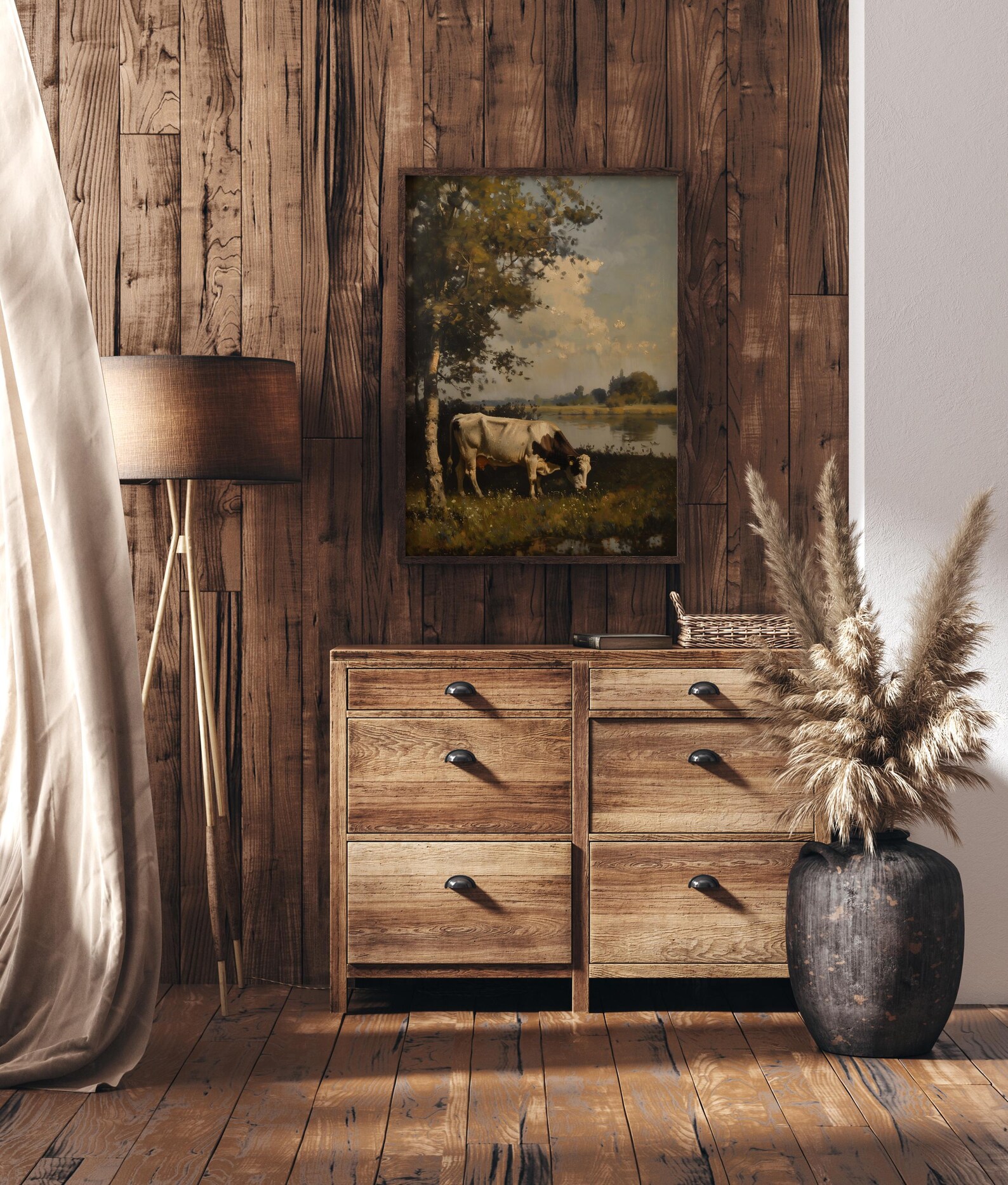 Grazing Cow | Vintage Cottagecore Cow Painting Print, Rustic Country ...
