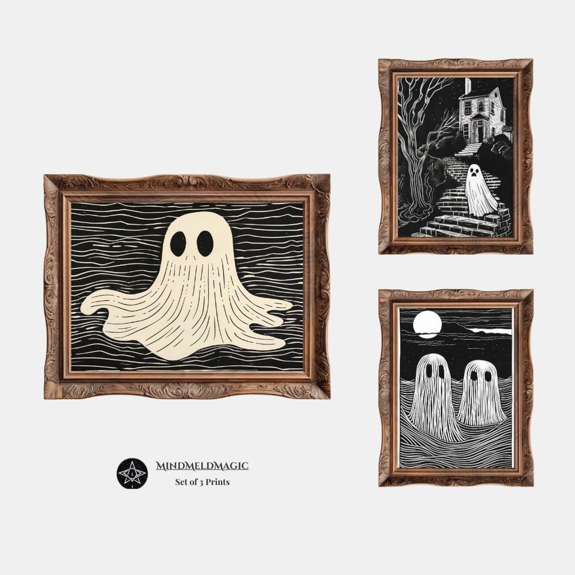 Spooky Ghost Linocut Print Set: Vintage Halloween Art (digital Download ...