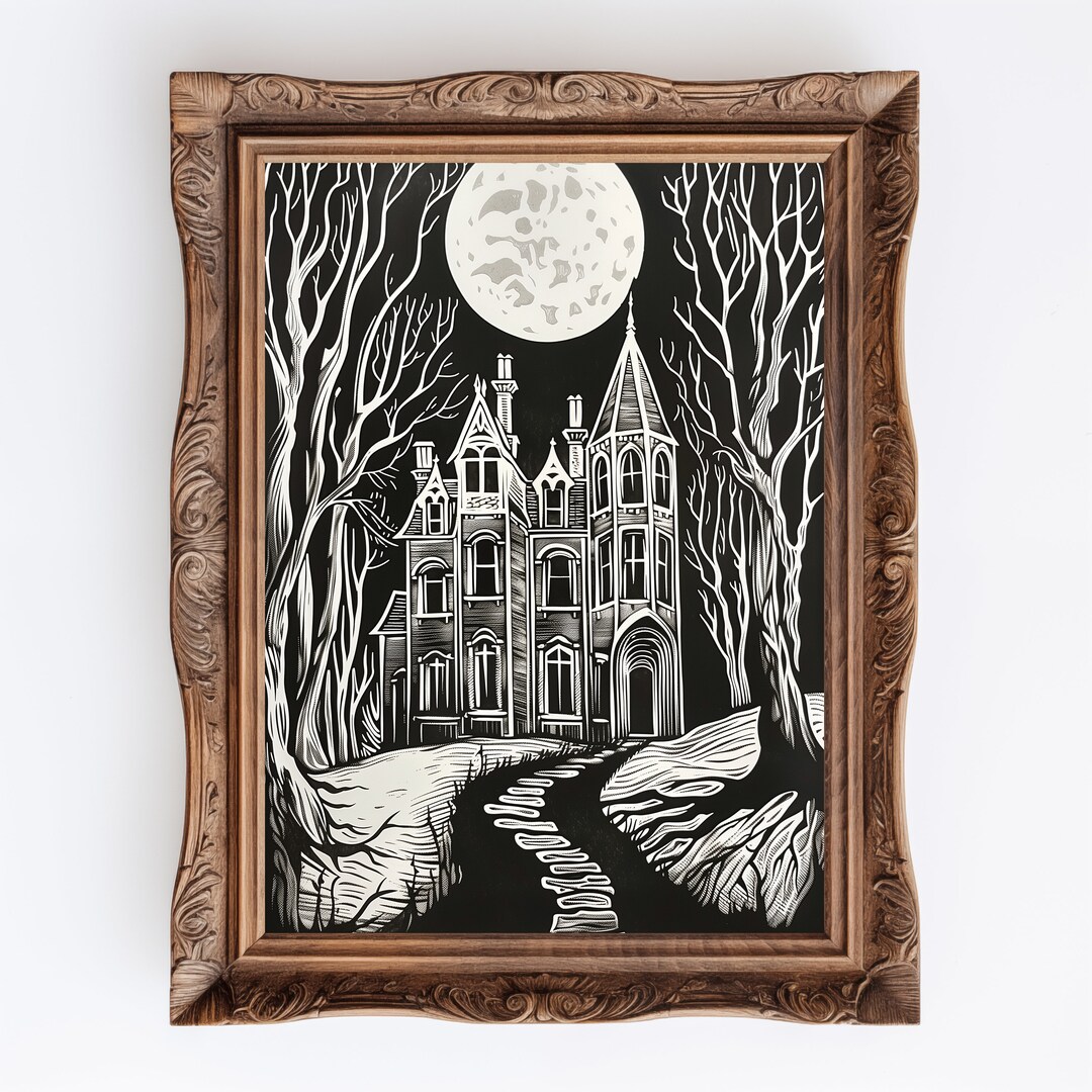 Haunted Mansion | Haunted House Linocut Print Decor, Dark Aesthetic ...