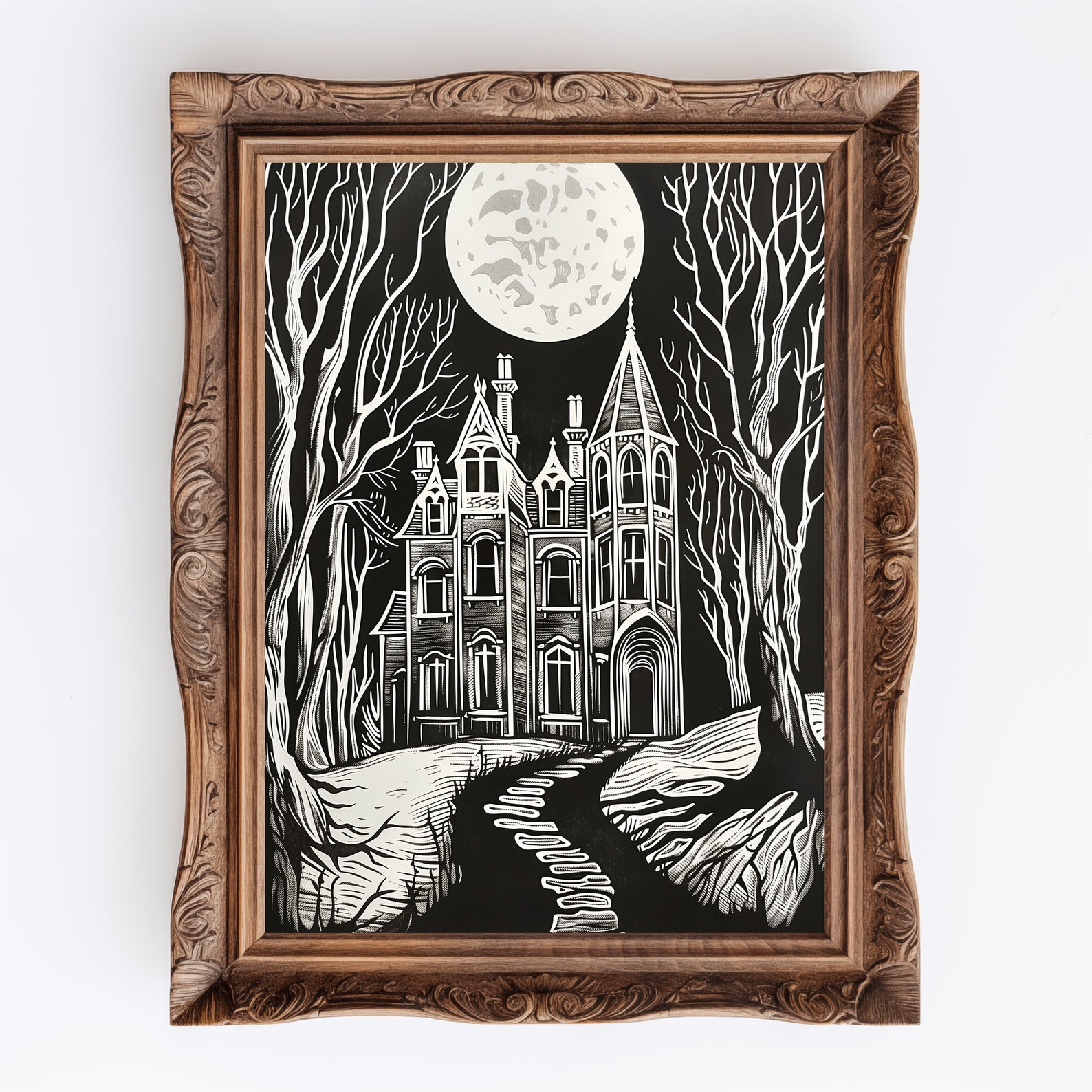 Haunted Mansion Linocut Print: Gothic Victorian House Wall Art (digital ...