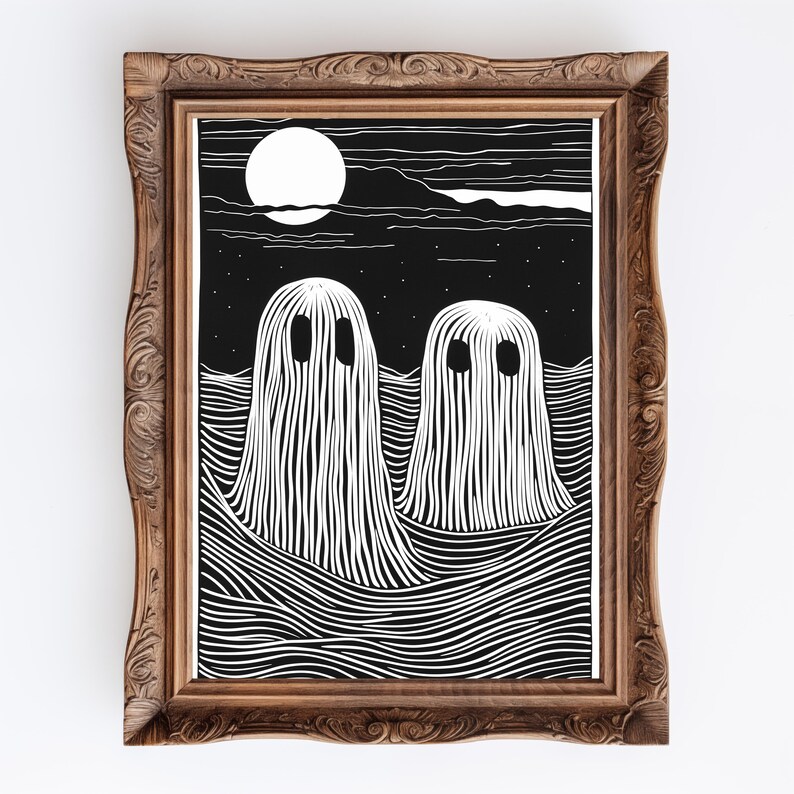 Ghost Fellas Whimsical Ghost Linocut Print, Vintage Spooky Halloween ...