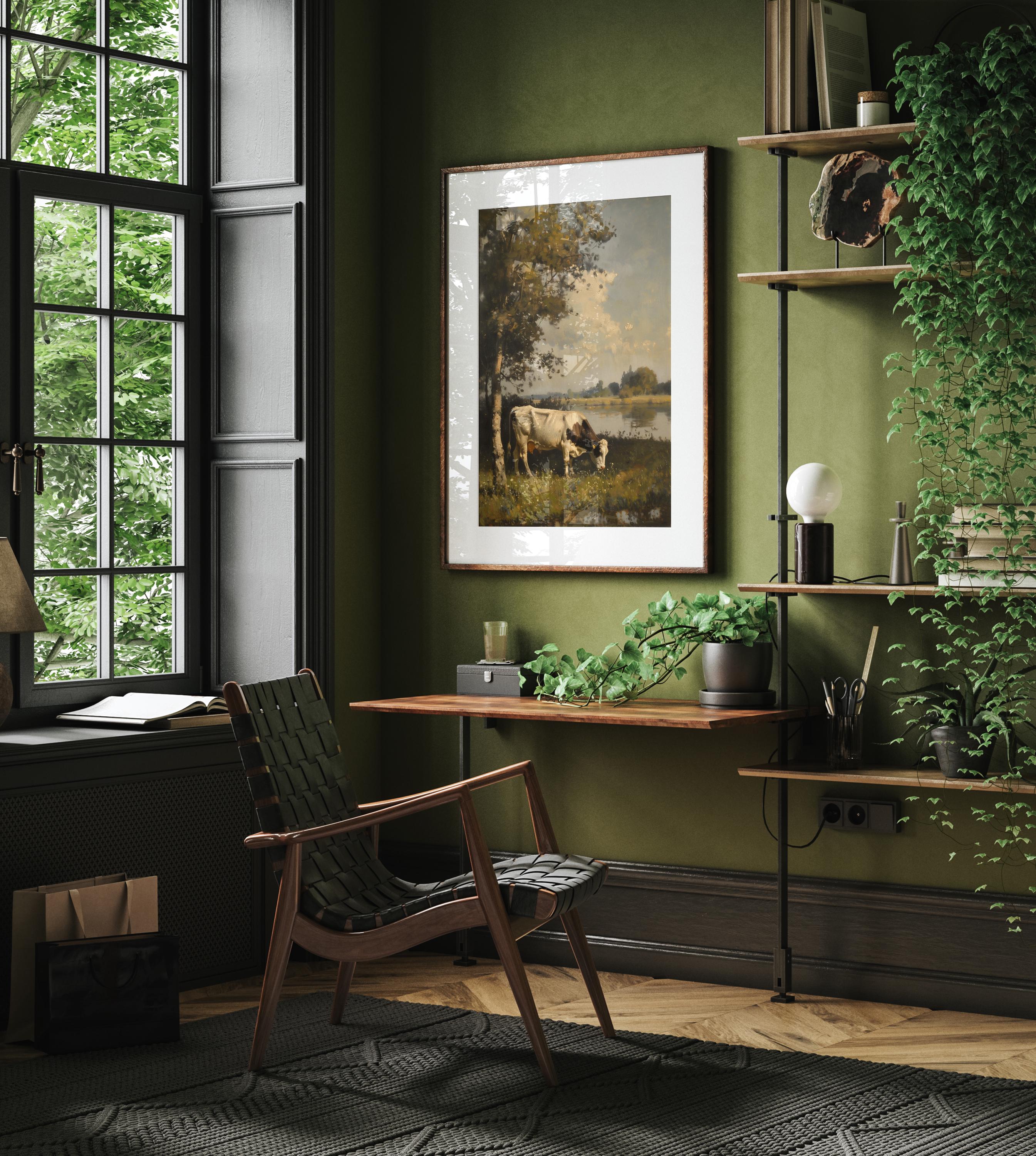 Grazing Cow | Vintage Cottagecore Cow Painting Print, Rustic Country ...
