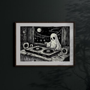 Ghost is a DJ Linocut Print Goth Wall Decor, Funny DJ Ghost Halloween ...