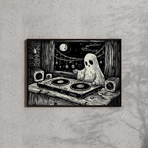 Ghost is a DJ Linocut Print Goth Wall Decor, Funny DJ Ghost Halloween ...