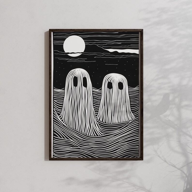 Ghost Fellas Whimsical Ghost Linocut Print, Vintage Spooky Halloween ...
