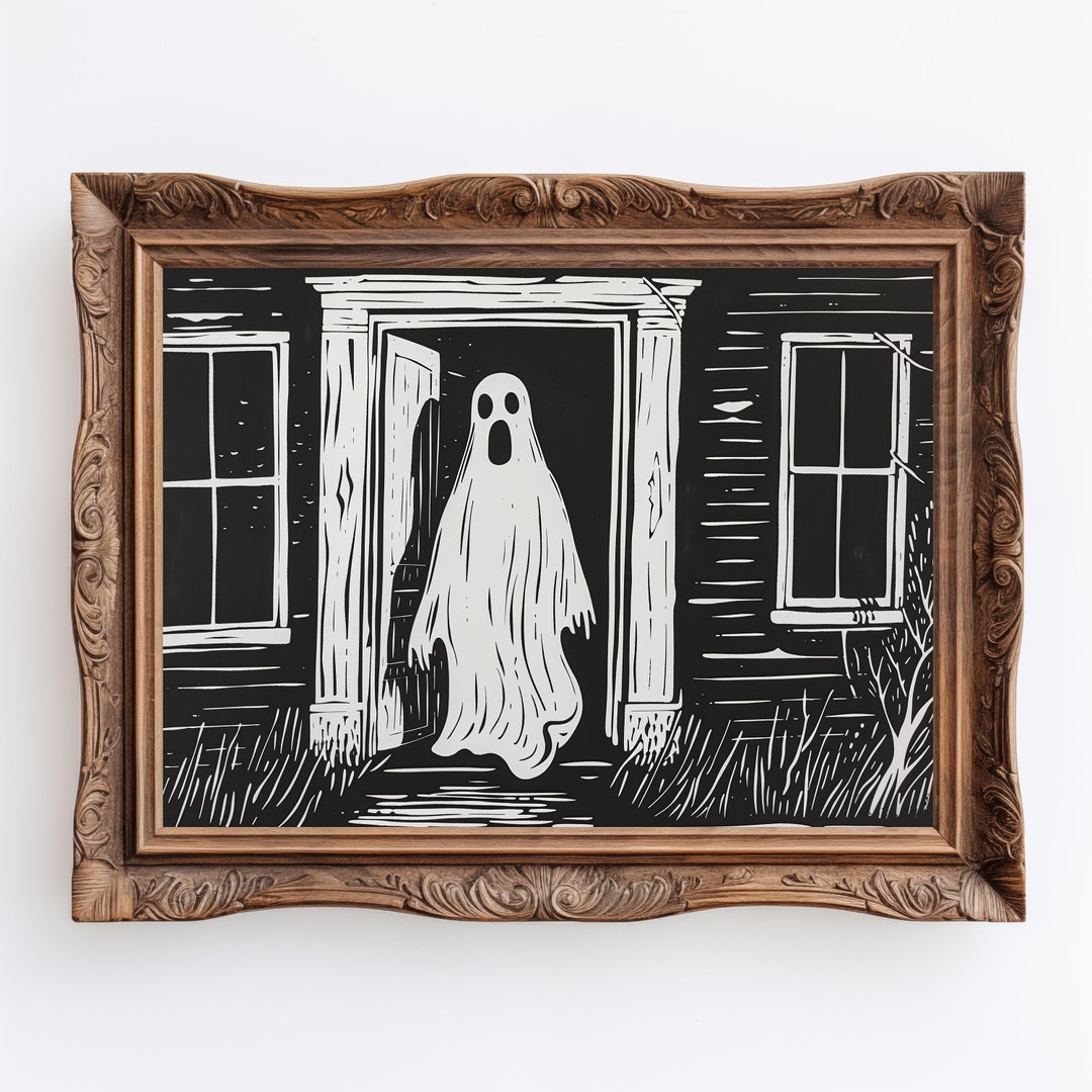 Ghost | Linocut Print Halloween Poster, Vintage Gothic Ghost Painting ...
