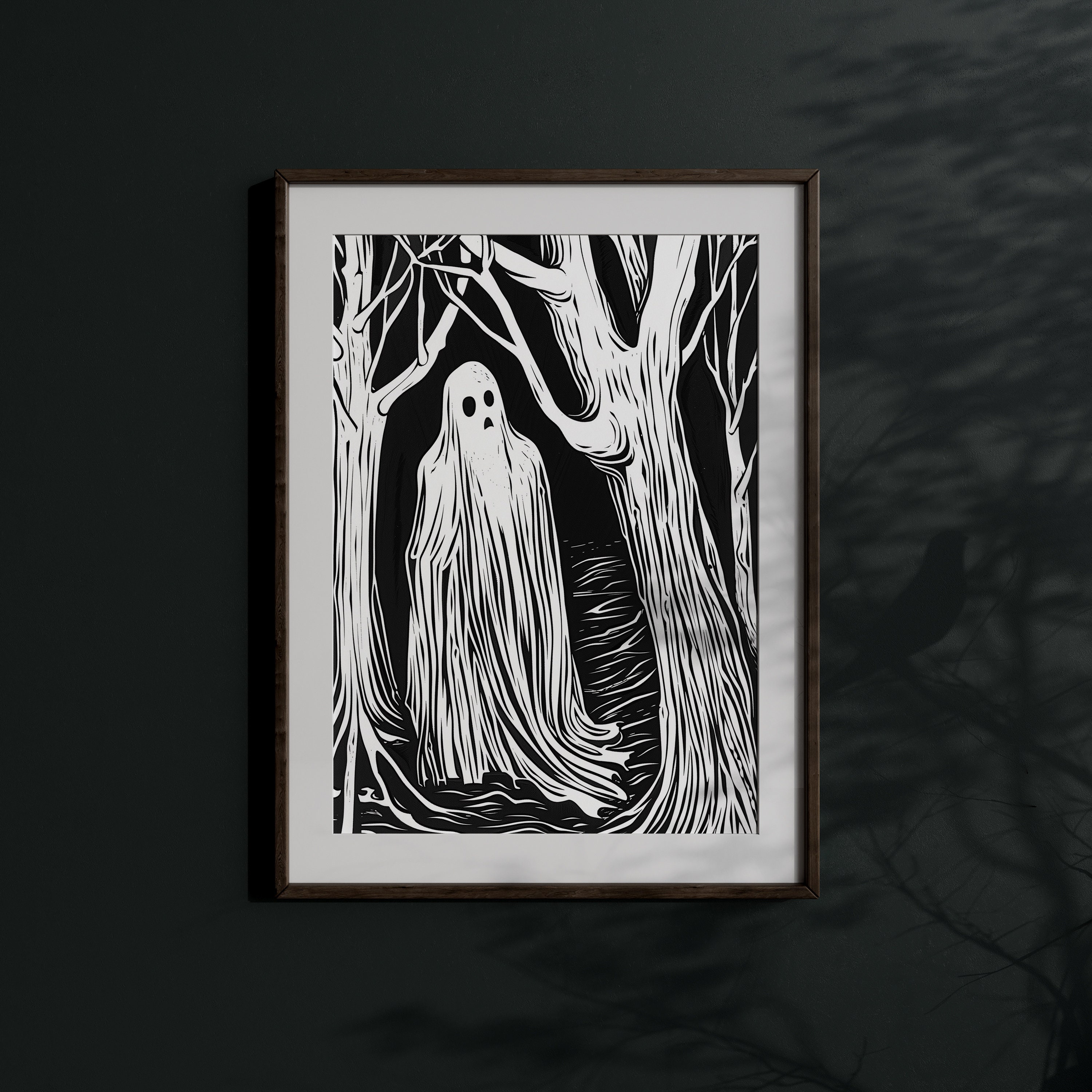 Ghost in the Woods | Vintage Ghost Linocut Art Print, Spooky Kids ...