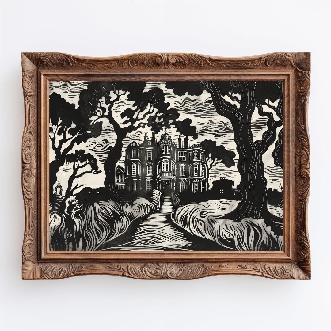 Ghost House | Vintage Haunted Manor Linocut Print, Ghostly Manor Gothic ...