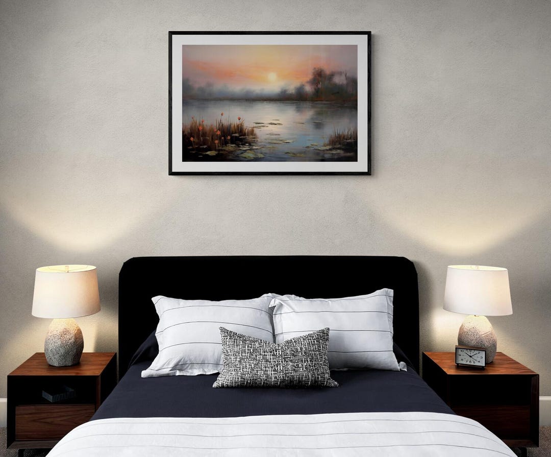 Digital Art, Lake at Sunrise, Painting in the Style of Impressionism ...