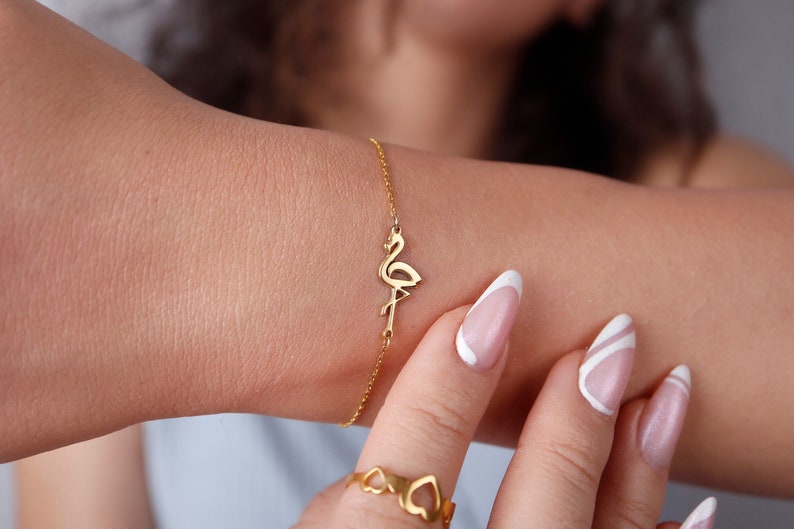 Flamingo Bracelet in 14K Solid Gold, Dainty Flamingo Bracelet, Animal ...
