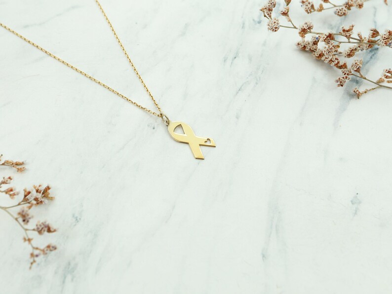 14K Gold Ribbon Necklace, Breast Cancer Awareness Jewelry - Etsy