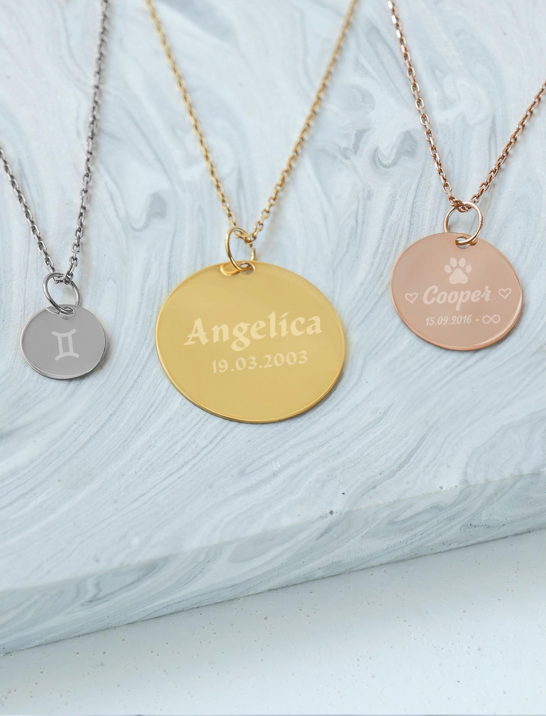 Custom Engrave Disc Necklace in 14K Solid Gold, Personalized Dainty ...