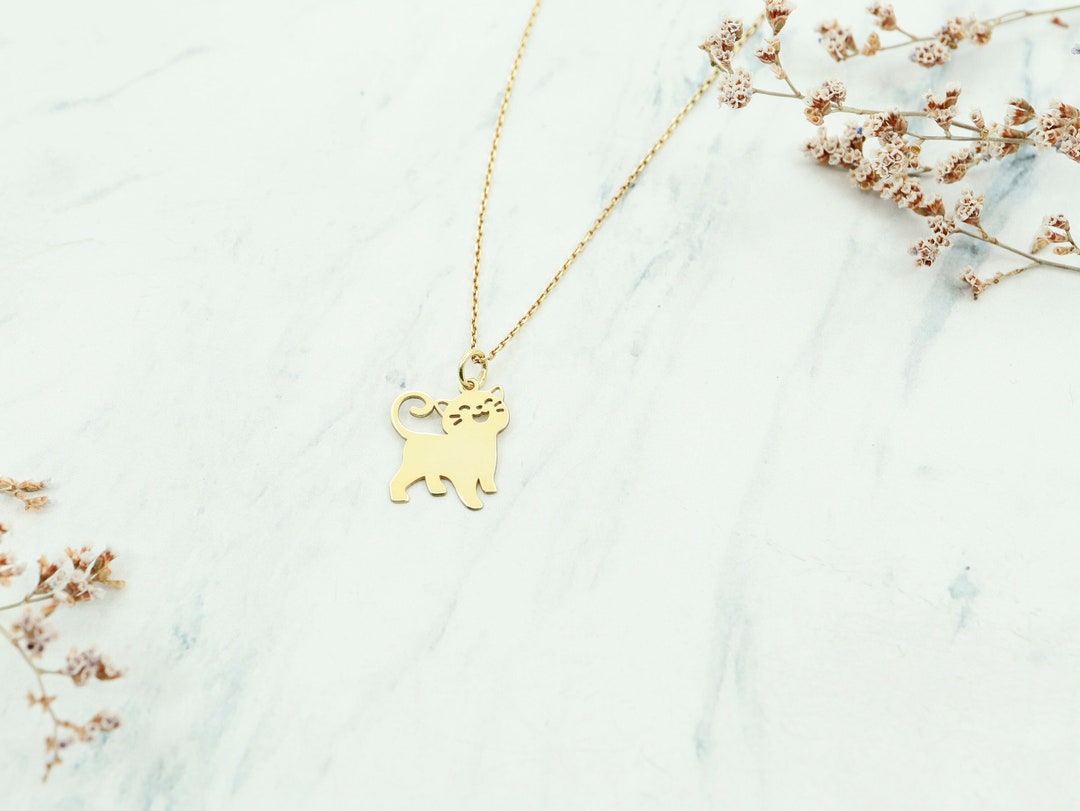 14K Solid Gold Cat Necklace, Engraved Cat Charm,real Gold Necklace ...