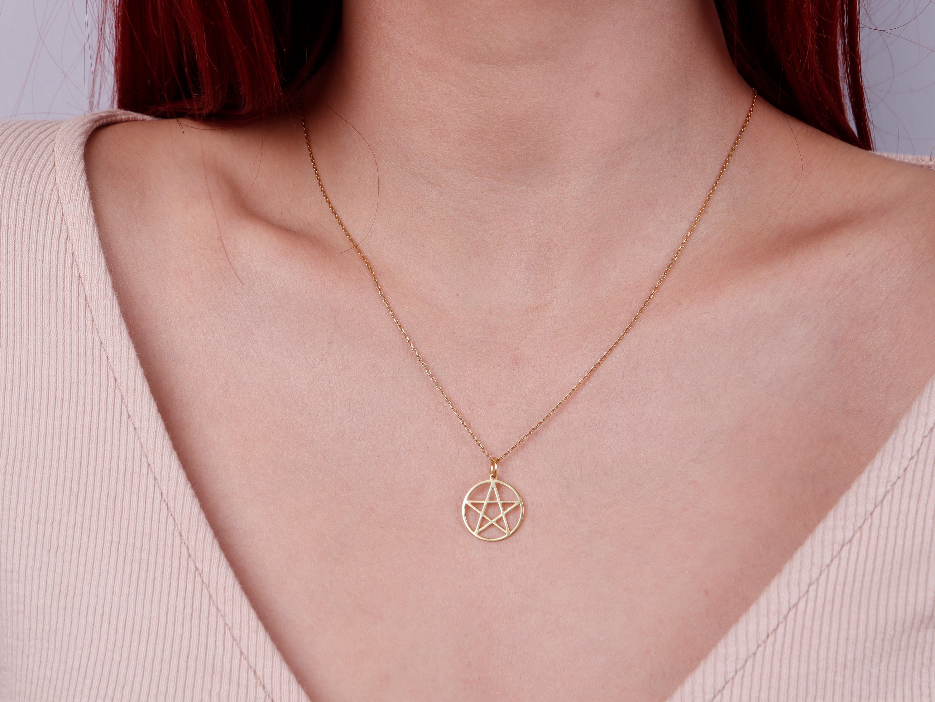 14K Solid Gold Pentagram Necklace, Pentacle Charm, Pentagram Jewelry ...
