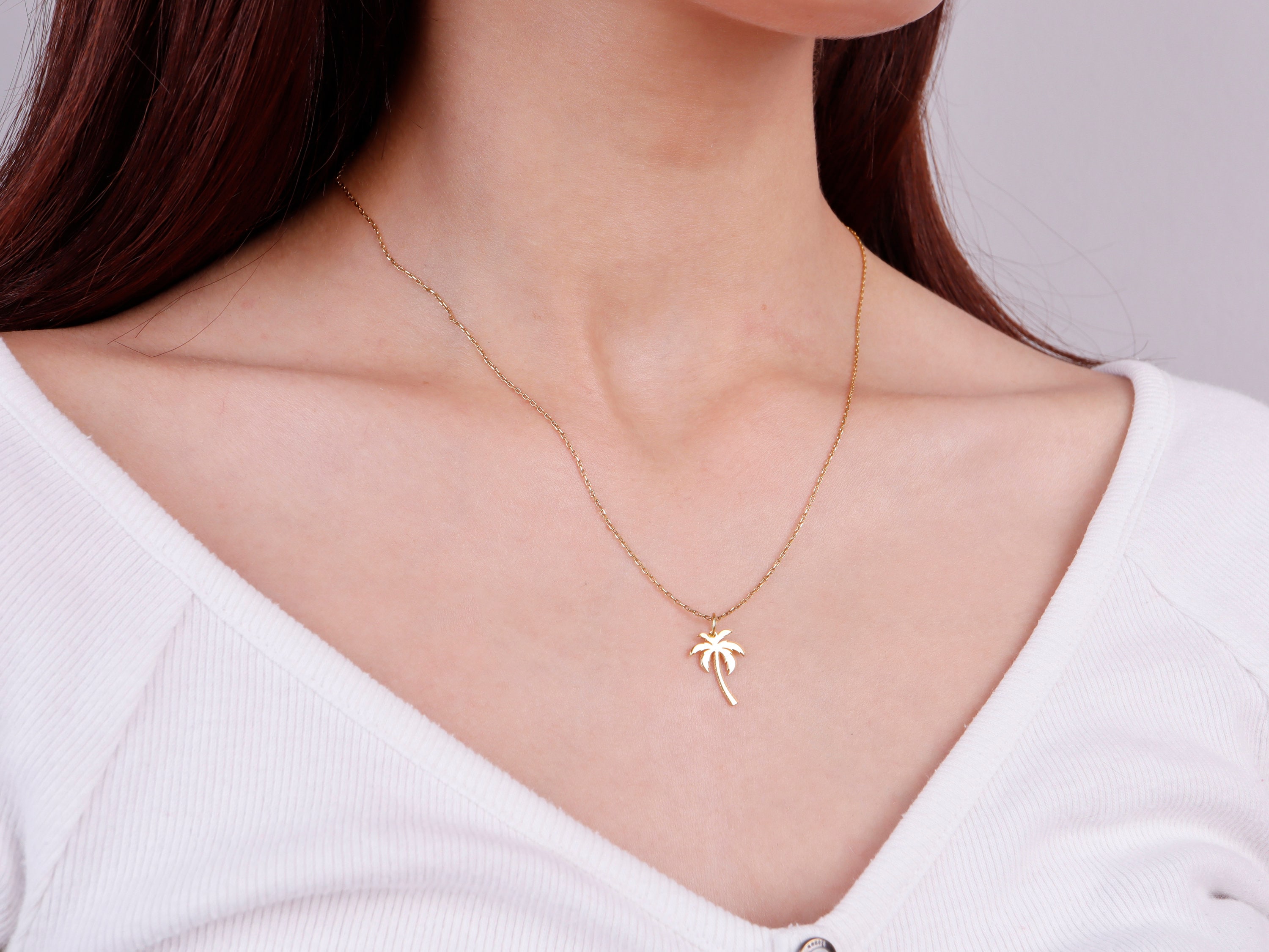 14K Solid Gold Palm Tree Necklace, Real Gold Dainty Palm Pendant, Palm ...