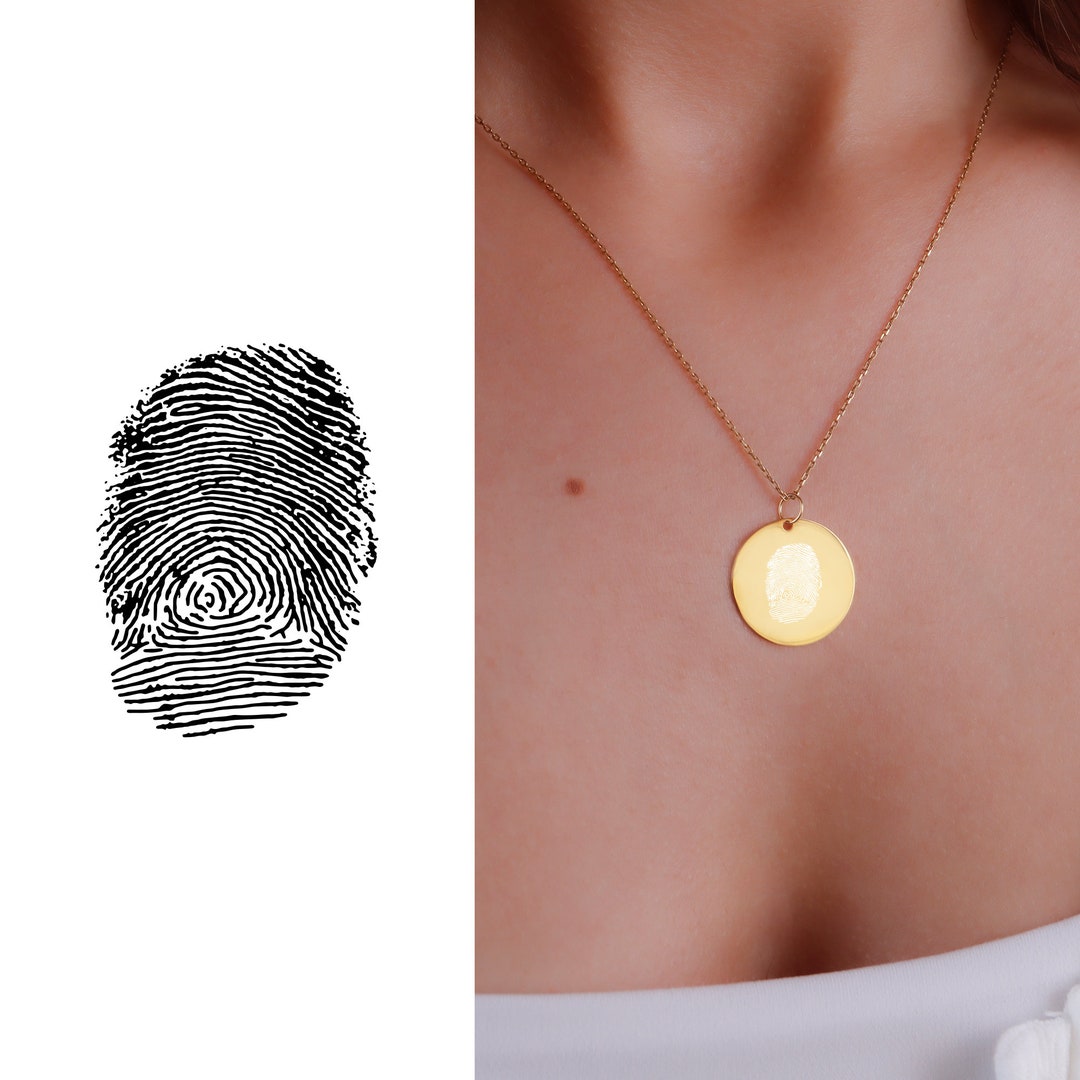 14k Solid Gold Engraved Actual Fingerprint Disc Necklace, Memorial ...