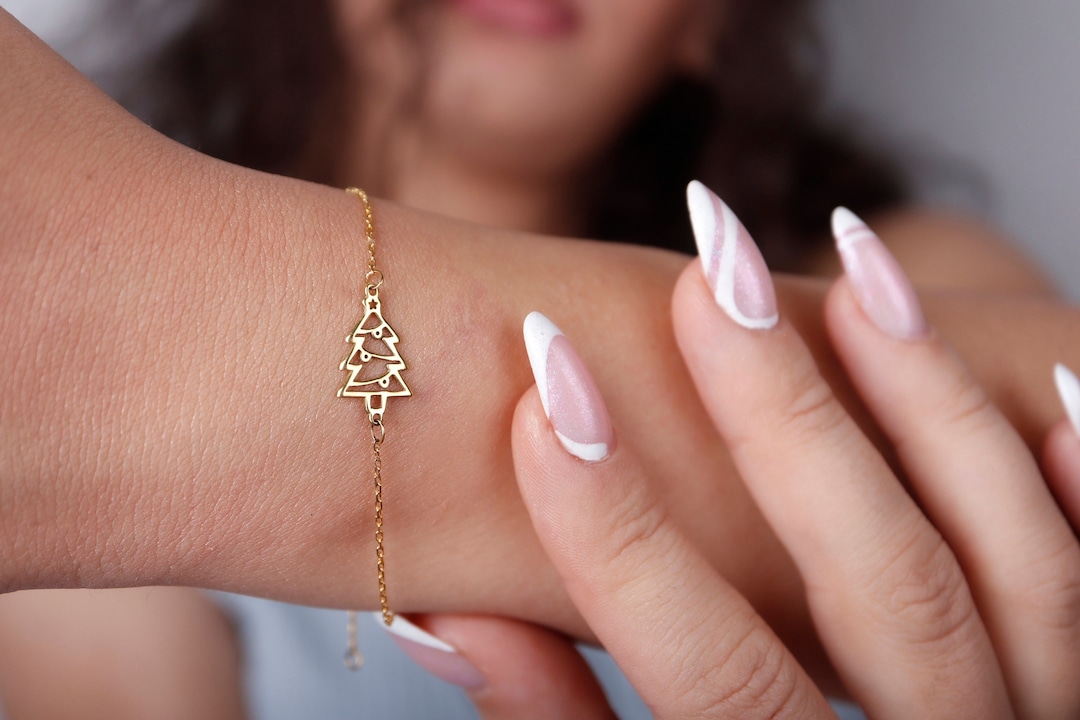 14K Solid Gold Tree Bracelet, Real Gold Pine Tree Bracelet, Gold Xmas ...