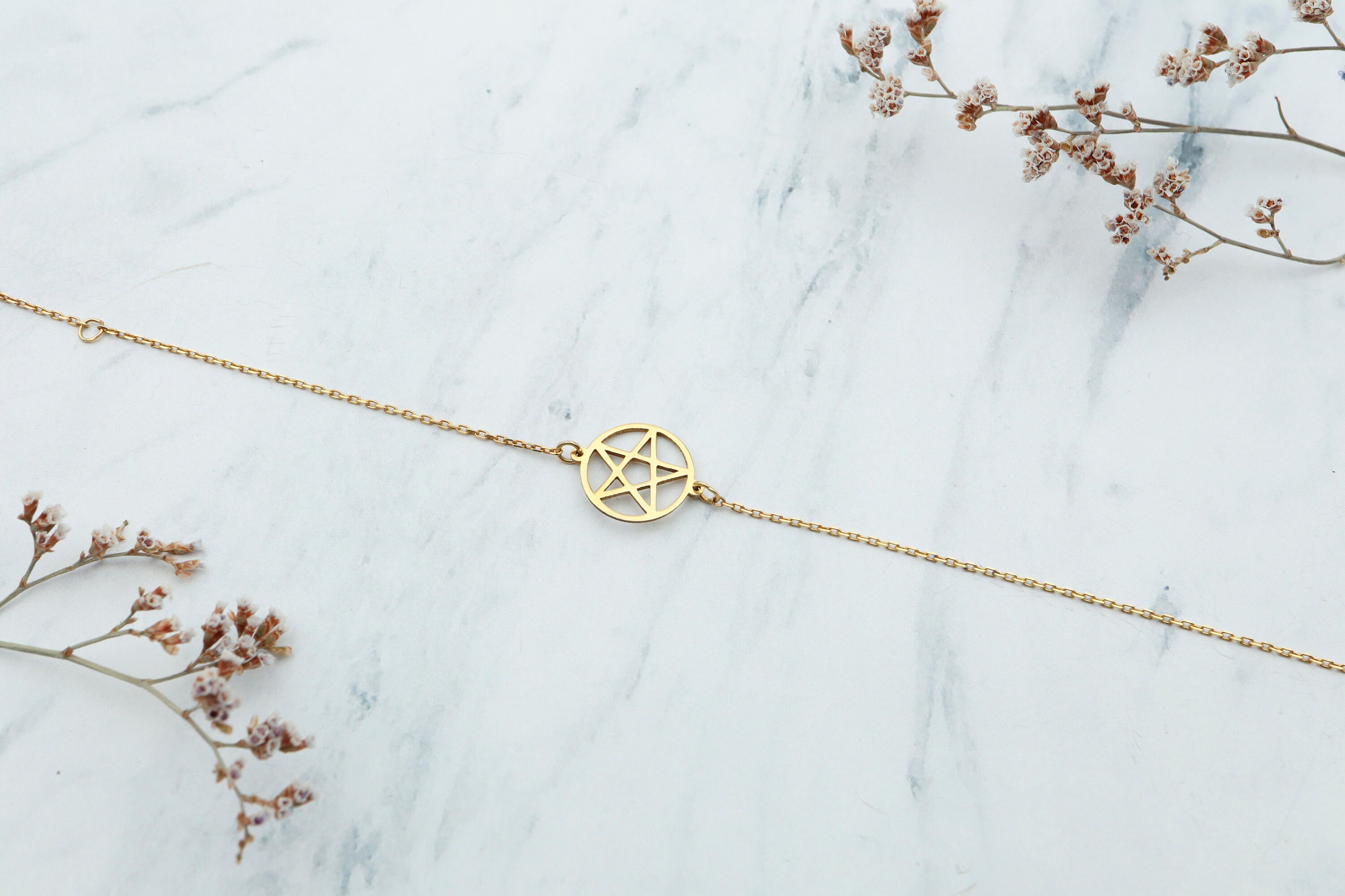 14K Solid Gold Pentagram Bracelet, Pentacle Bracelets, Pentagram ...