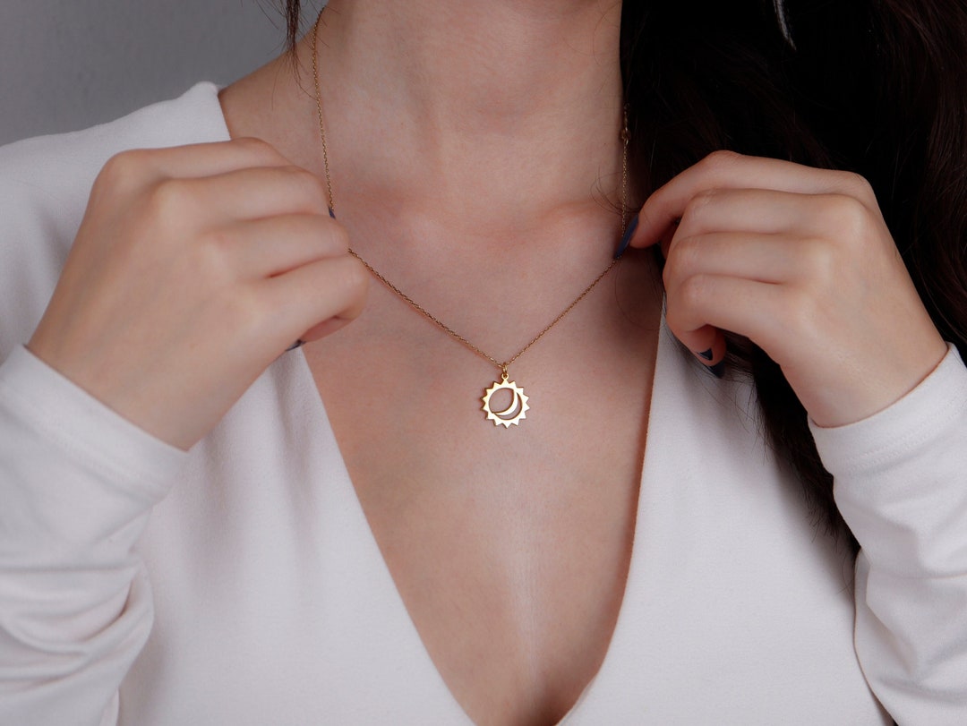 14K Solid Gold Moon Sun Necklace, Celestial Pendant, Custom Name ...