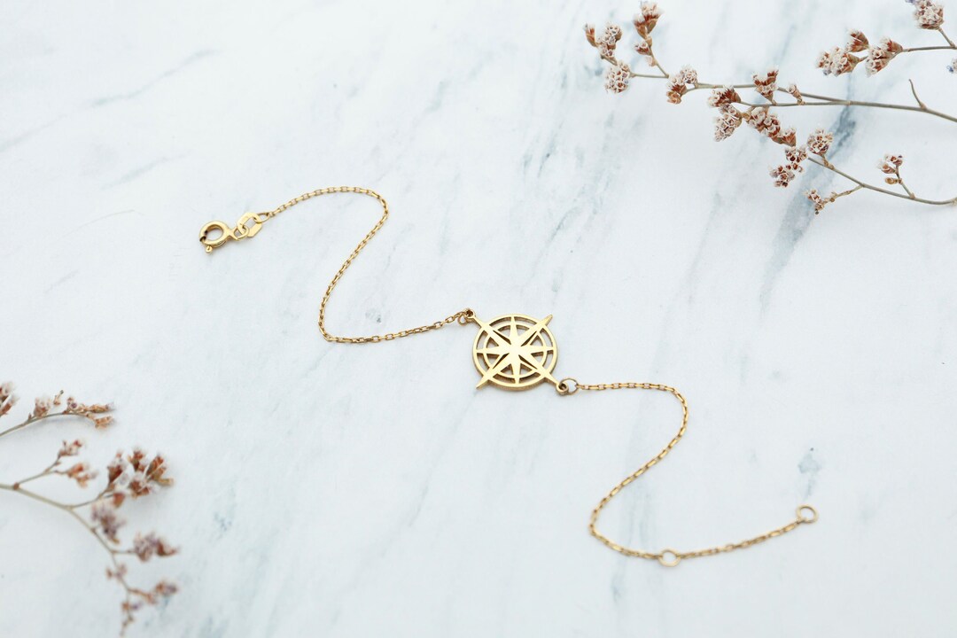 14K Solid Gold Compass Bracelet, Compass Jewelry, Gold Traveler ...