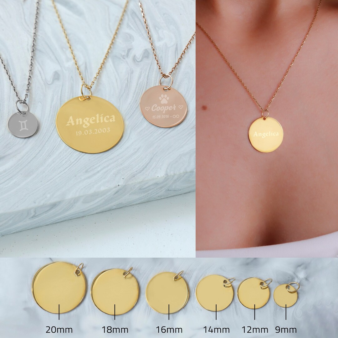 Custom Engrave Disc Necklace in 14K Solid Gold, Personalized Dainty Gold Charm Pendant, Real ...