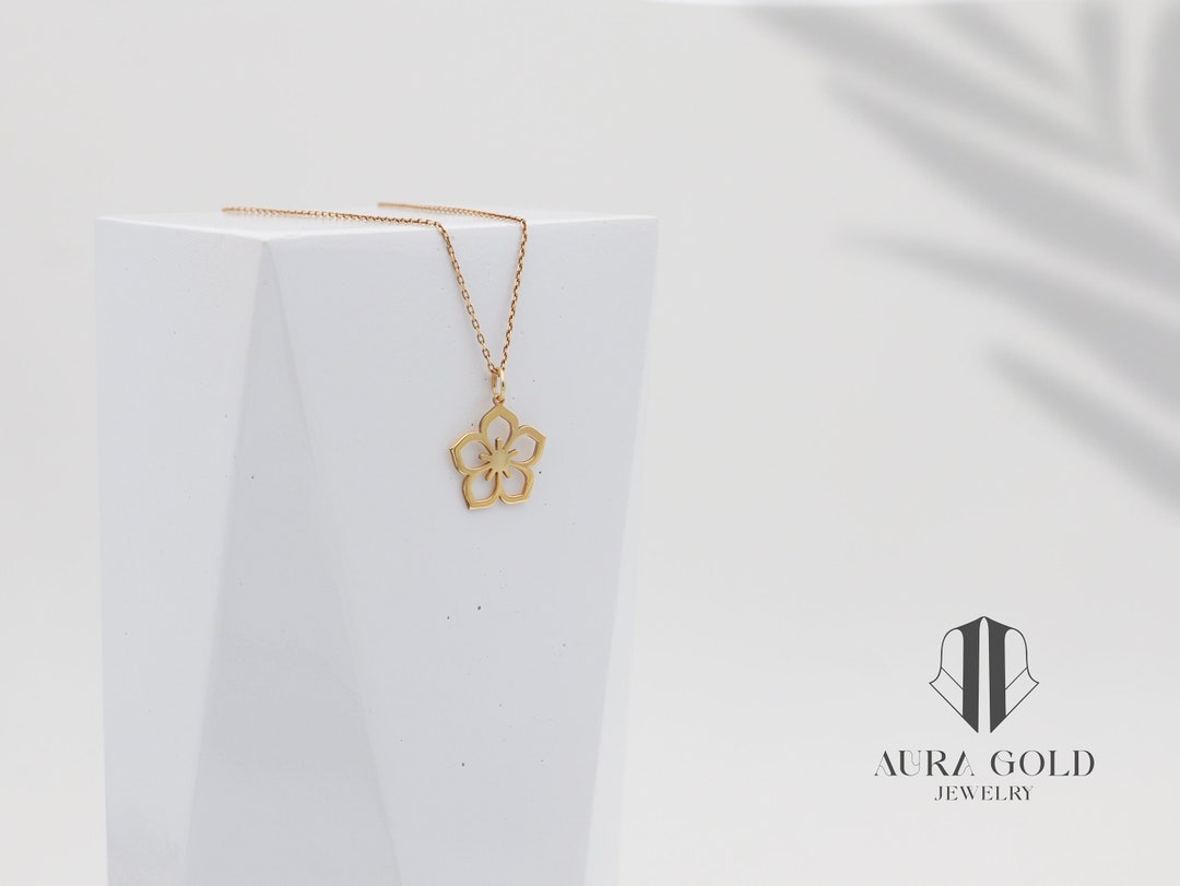 14K Gold Sakura Flower Necklace, Real Gold Flower Necklace, Tiny Cherry ...