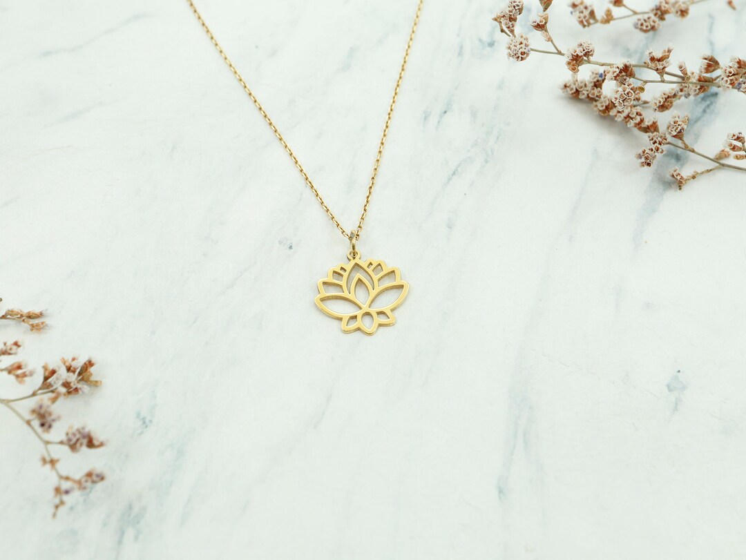 14K Solid Gold Lotus Necklace, Handmade Yoga Jewelry Valentines Day ...