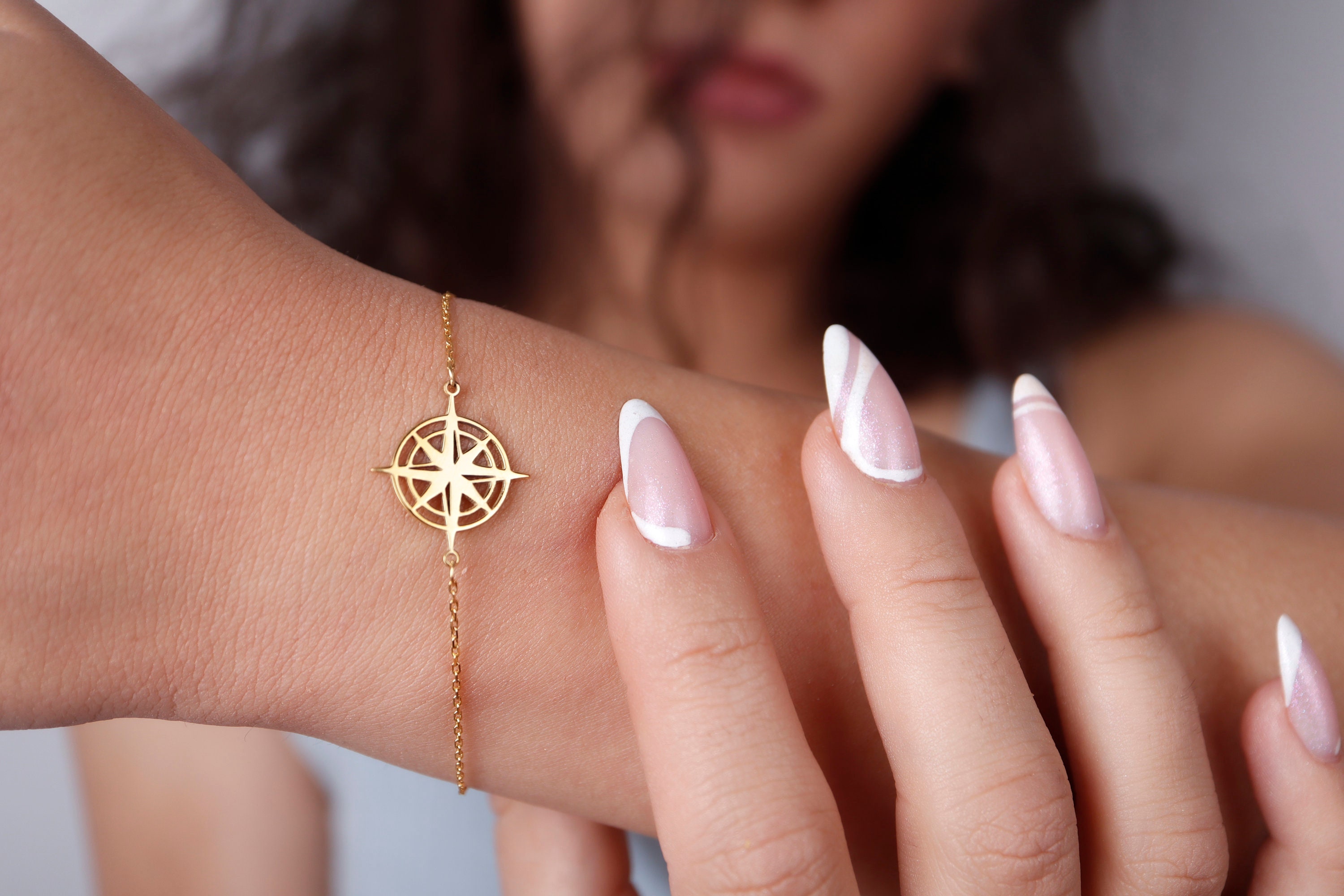 14K Solid Gold Compass Bracelet, Compass Jewelry, Gold Traveler ...