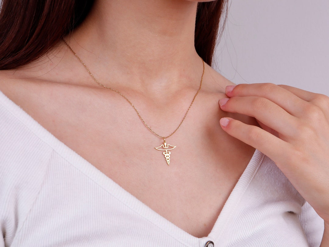 14K Solid Gold Caduceus Necklace, Caduceus Symbol of Medicine Charm ...