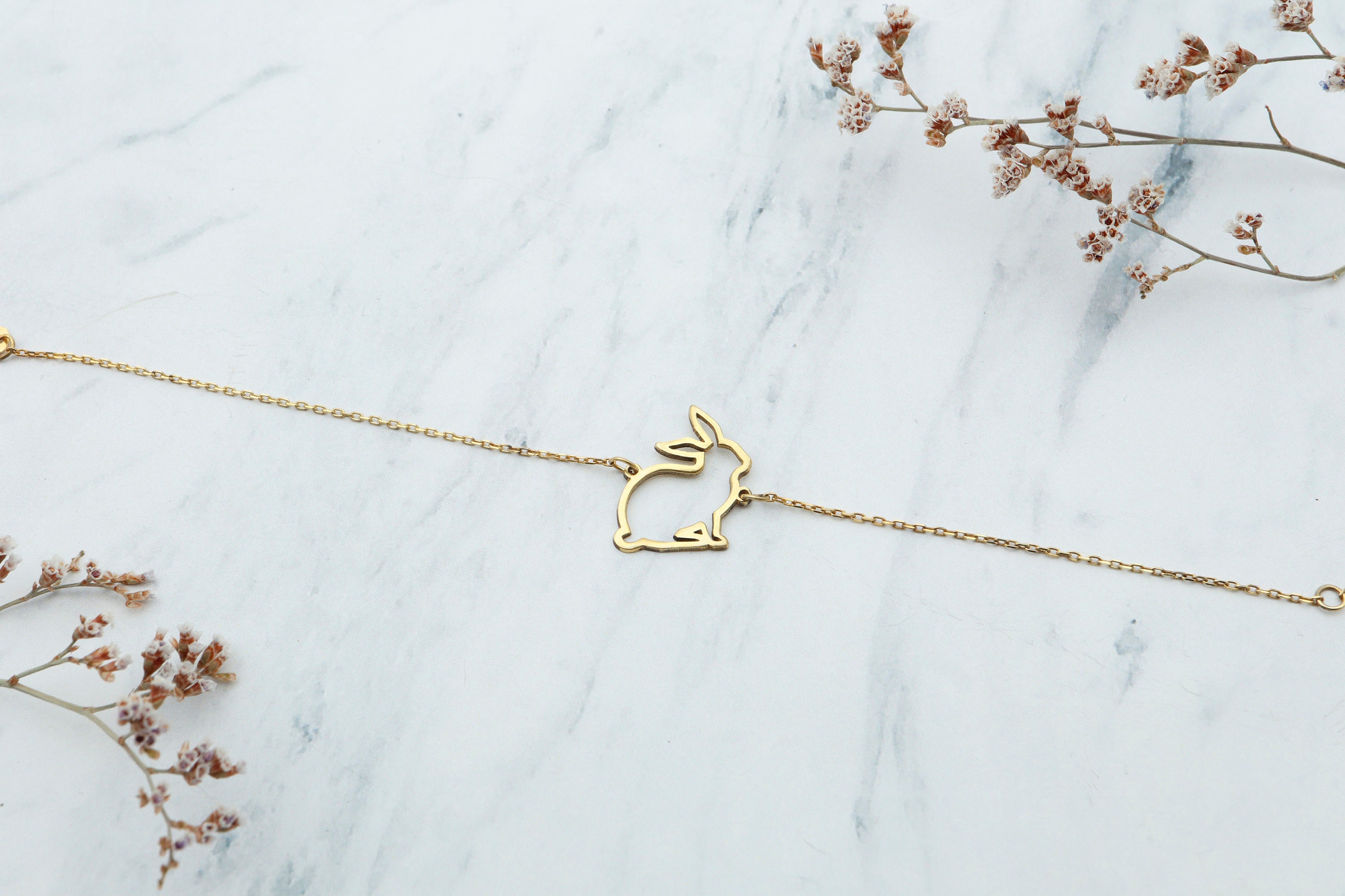 Rabbit Bracelet in 14K Solid Gold, Real Gold Bunny Bracelet, Animal ...