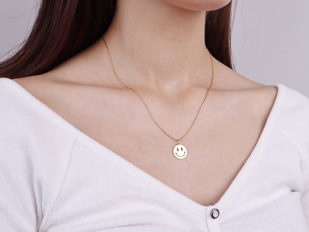 14K Solid Gold Smile Necklace,real Gold Smile Pendant, Smiley Face ...