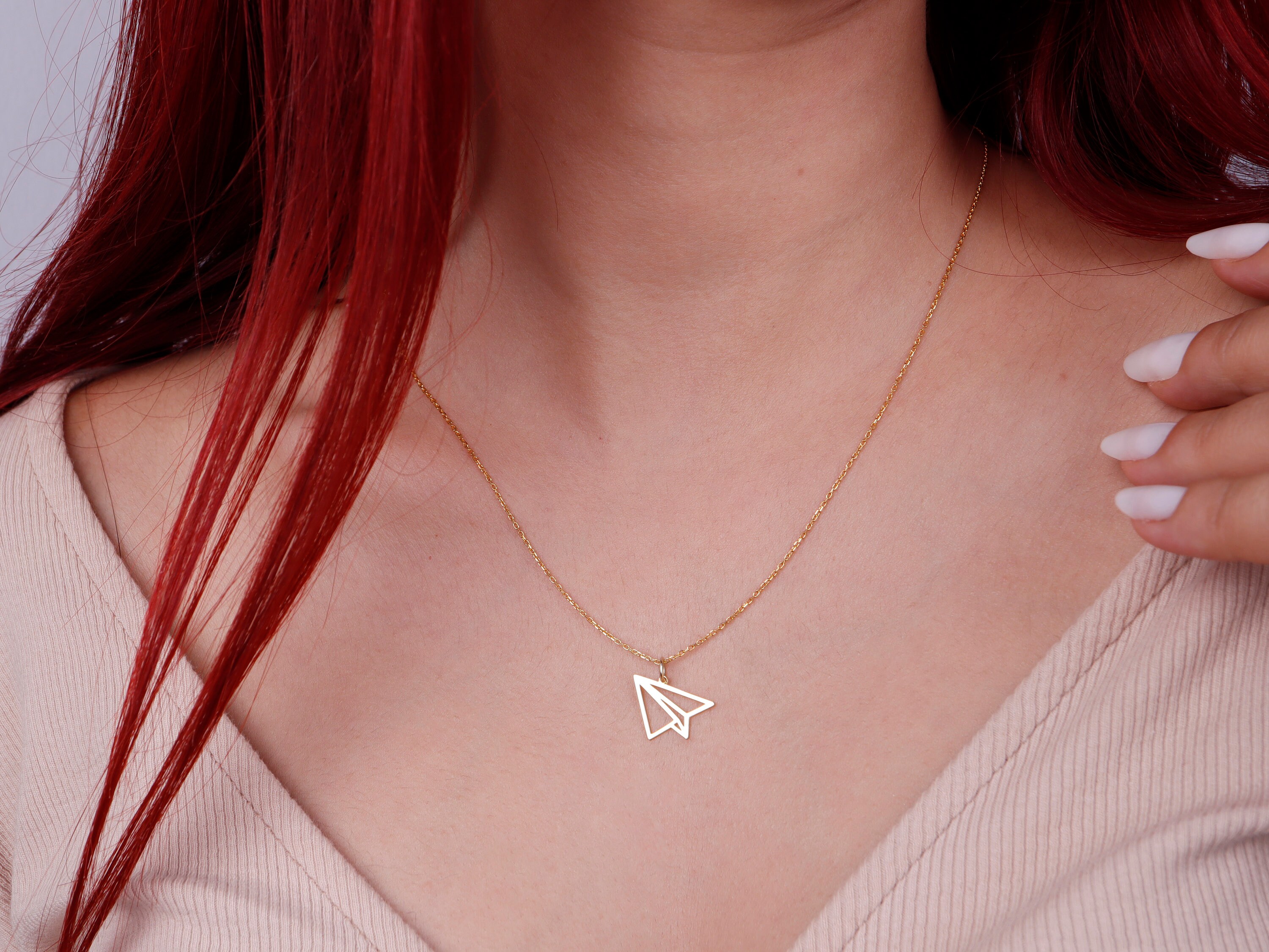 14K Solid Gold Paper Airplane Necklace, Origami Pendant Valentines Day ...