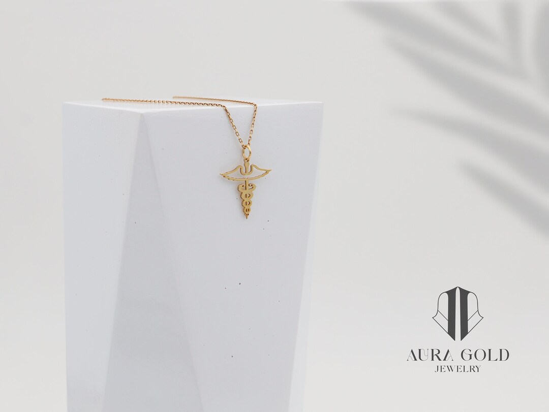 14K Solid Gold Caduceus Necklace, Gold Caduceus Symbol of Medicine ...