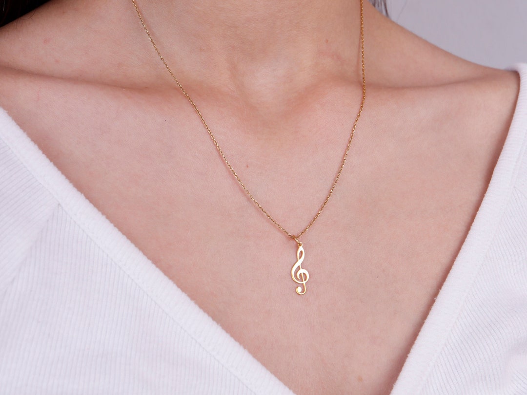 14K Solid Gold Treble Clef Charm Necklace, Jewelry for Musicians, Gold ...