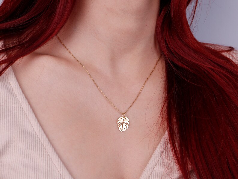 14K Solid Gold Monstera Leaf Necklace, Monstera Foliage, Gold Monstera ...