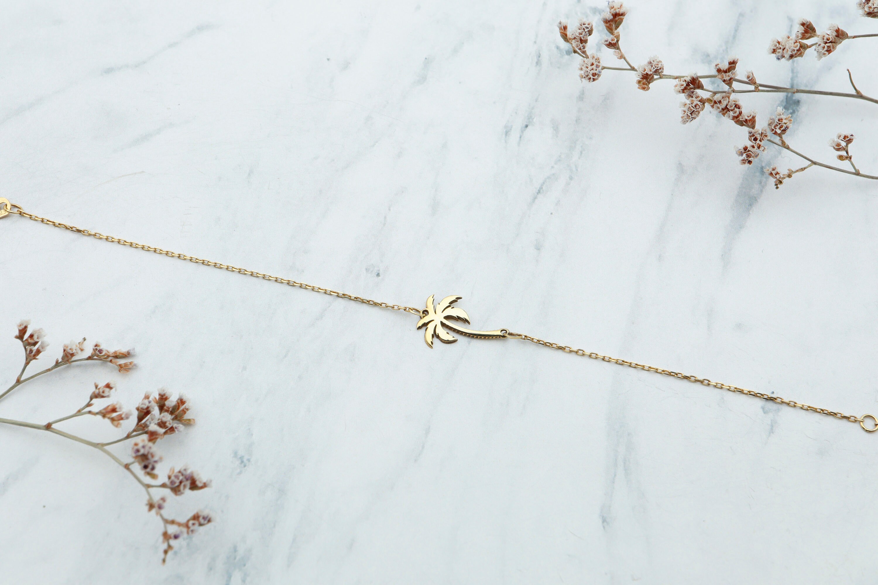 Palm Tree Bracelet in 14K Solid Gold, Real Gold Dainty Palm Bracelet ...