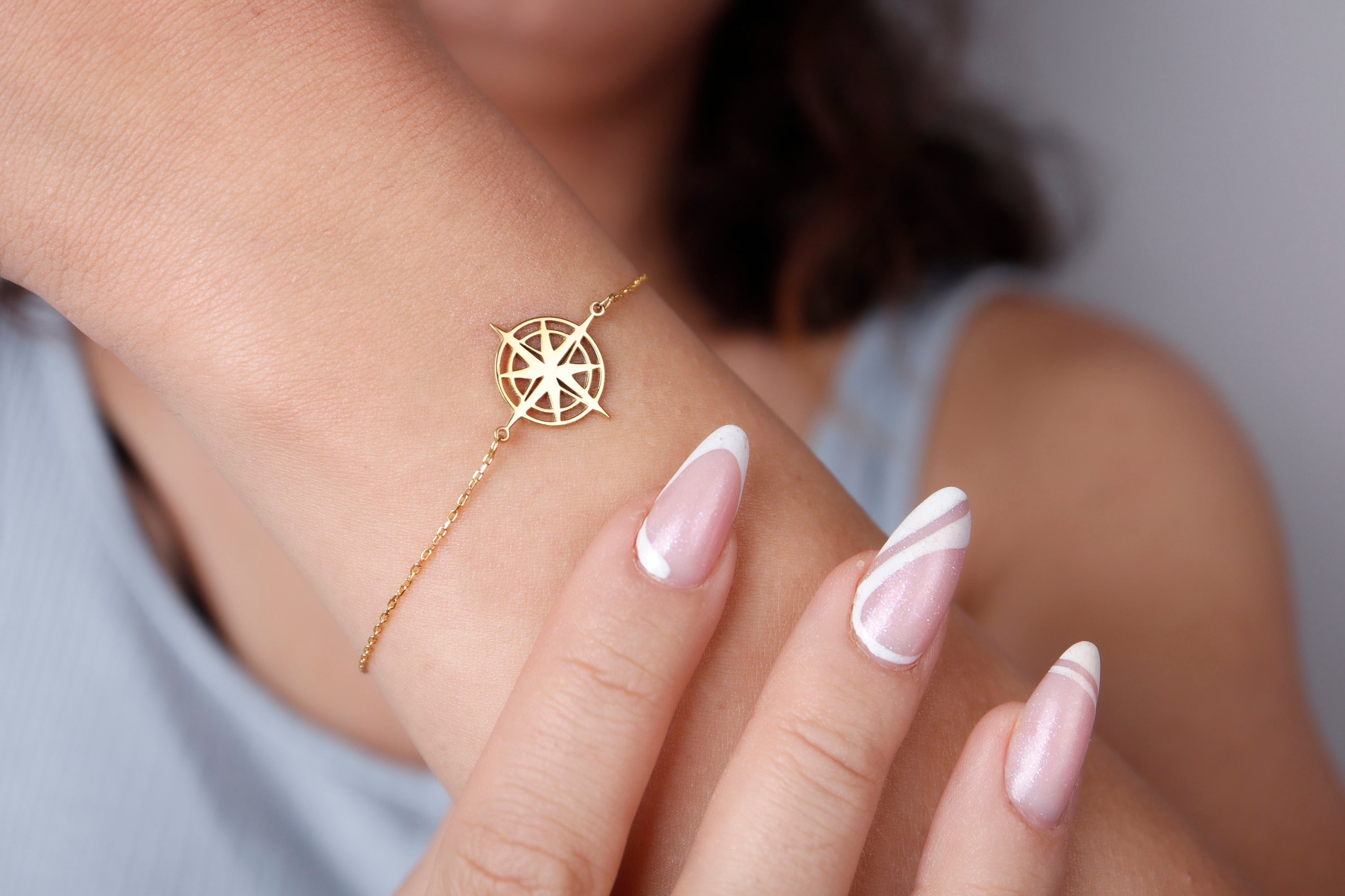 14K Solid Gold Compass Bracelet, Compass Jewelry, Gold Traveler ...