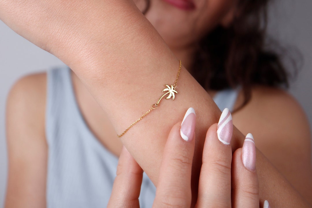 Palm Tree Bracelet in 14K Solid Gold, Real Gold Dainty Palm Bracelet ...