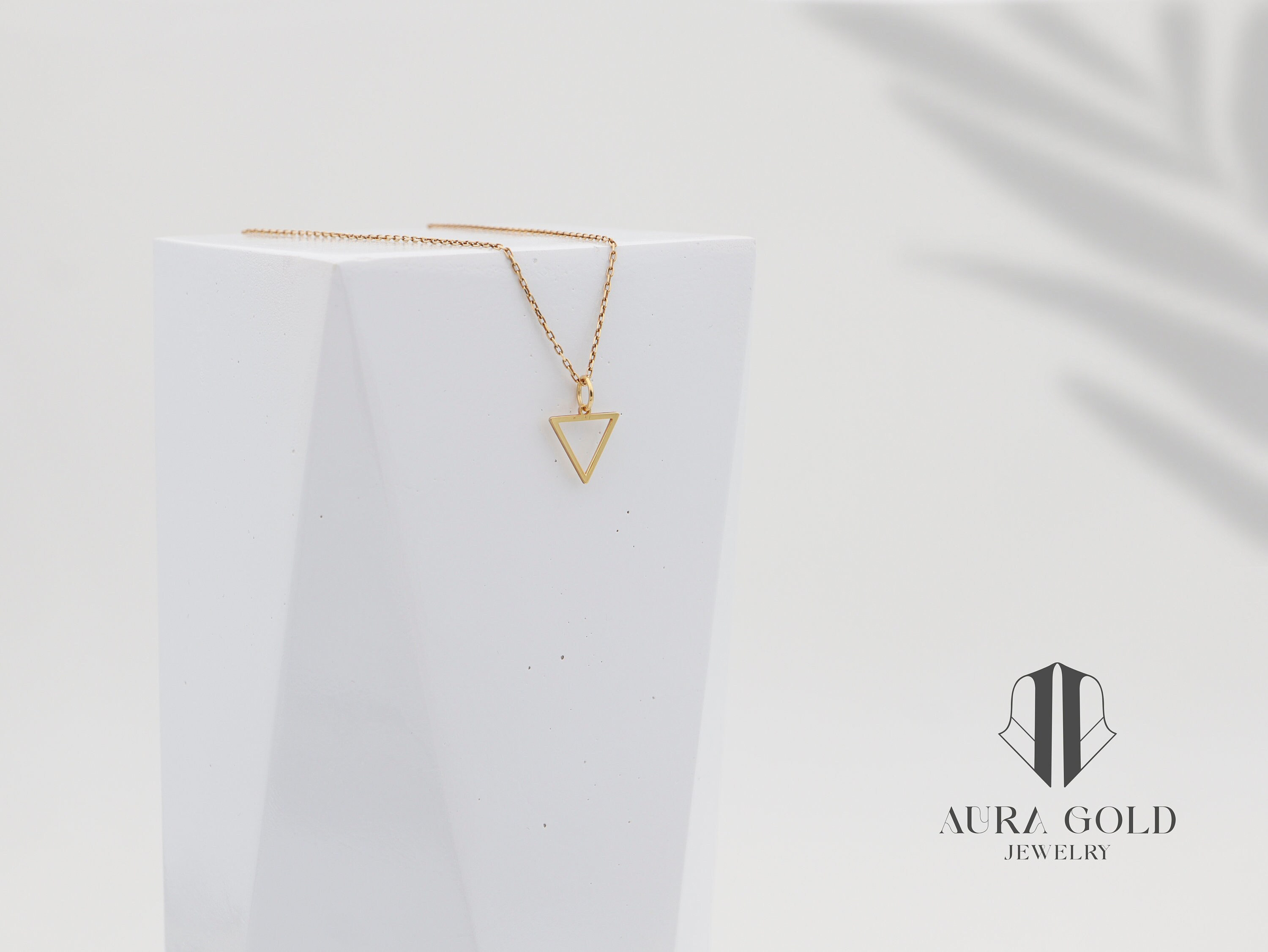 14K Solid Gold Triangle Necklace, Real Gold Minimalist Triangle Charm ...