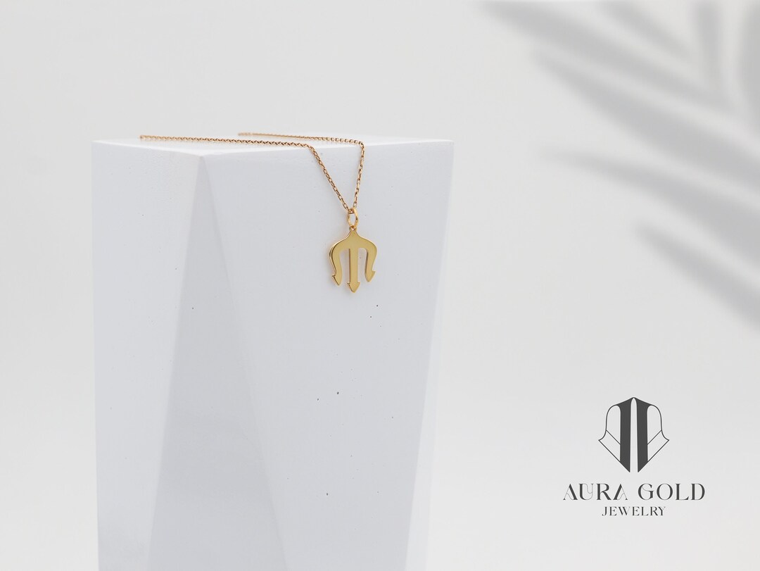 14K Solid Gold Trident Necklace,gold Three Pronged Spear Pendant ...