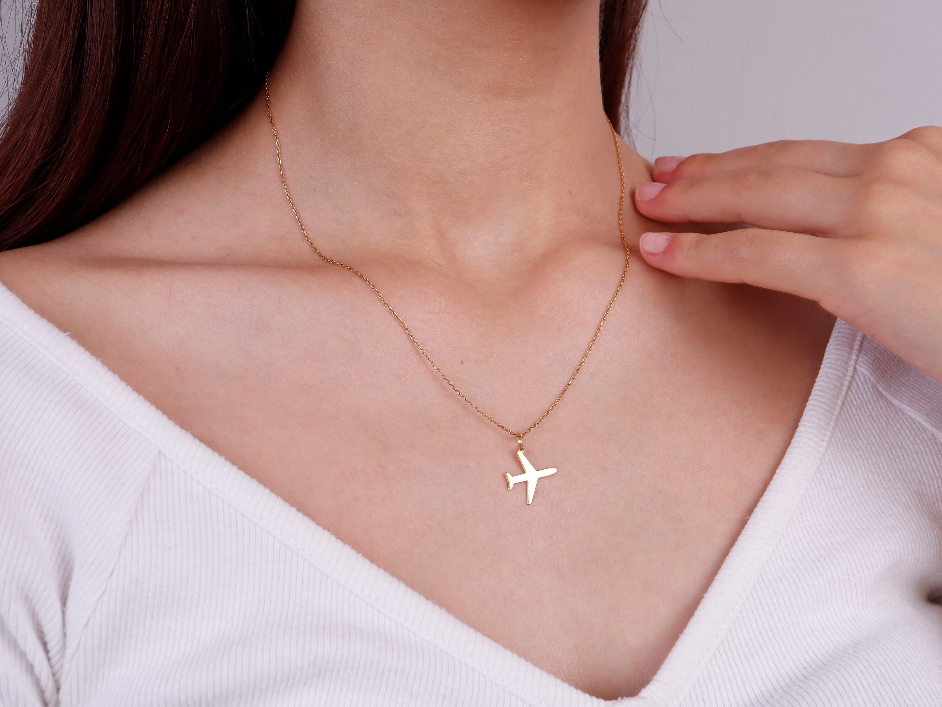 14K Solid Gold Airplane Charm Necklace, Dainty Airplane Pendant 14K ...
