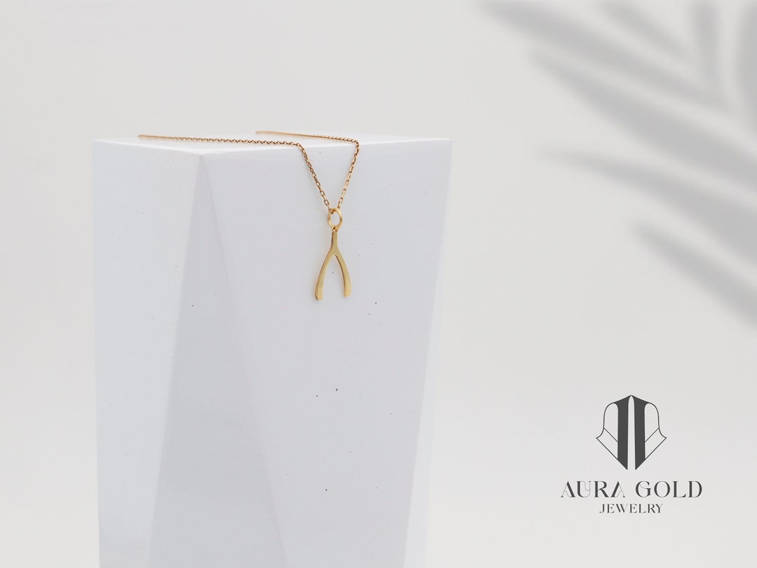 14k Solid Gold Wishbone Necklace, Dainty Luck Pendant Valentines Day ...