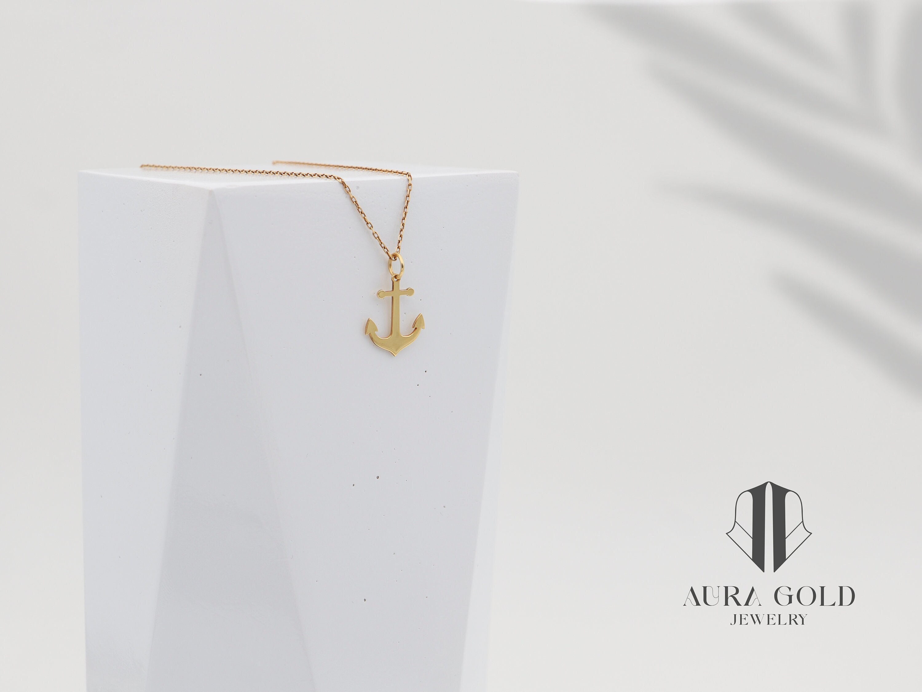 14K Solid Gold Anchor Necklace, Real Gold Anchor Charm Pendant, 14K ...