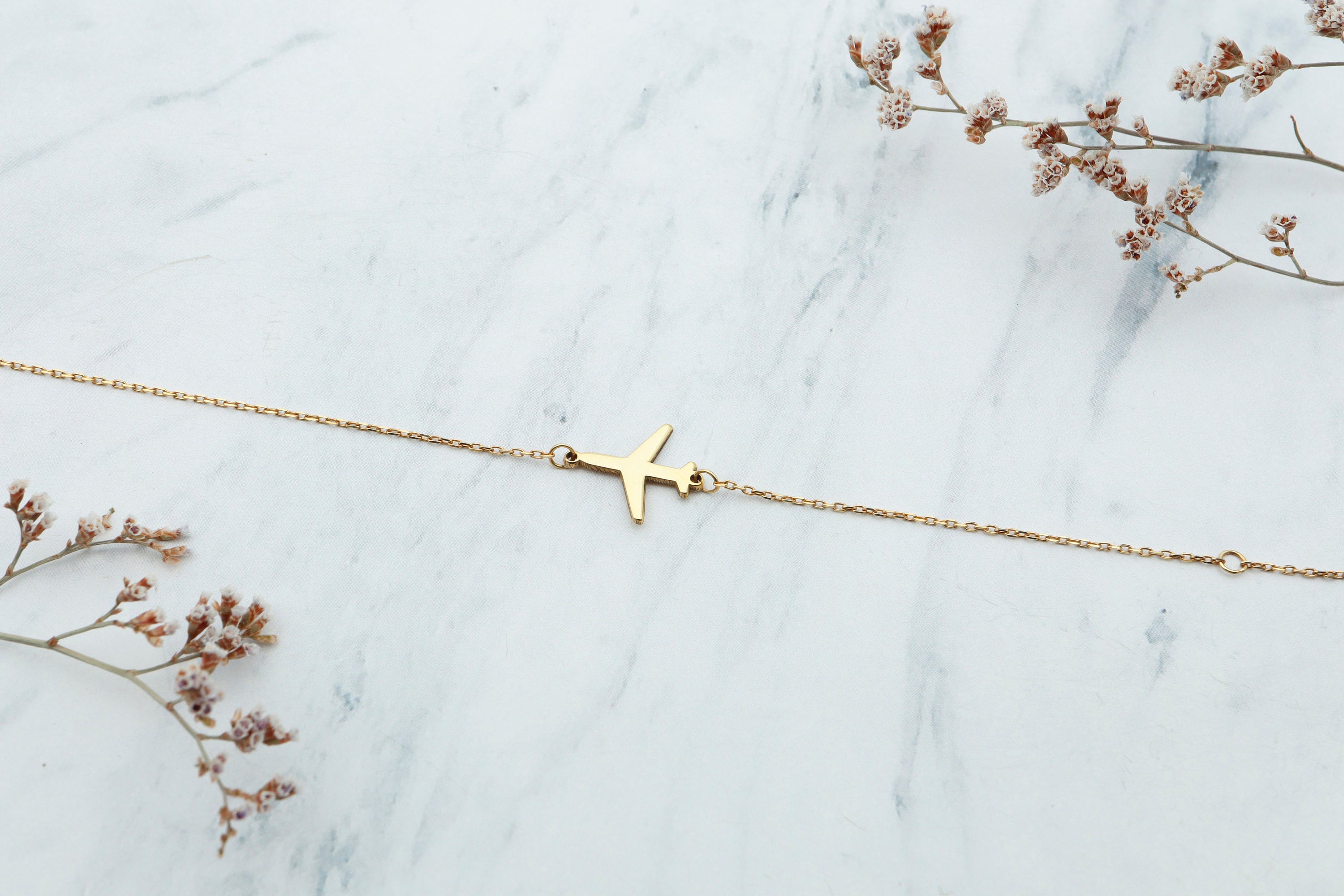 14K Solid Gold Airplane Charm Bracelet, Airplane Jewelry, Real Gold ...