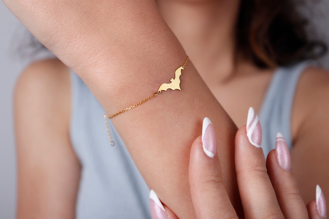 Bat Bracelet in 14K Solid Gold,14k Real Gold Bat Charm Bracelet, Bat ...