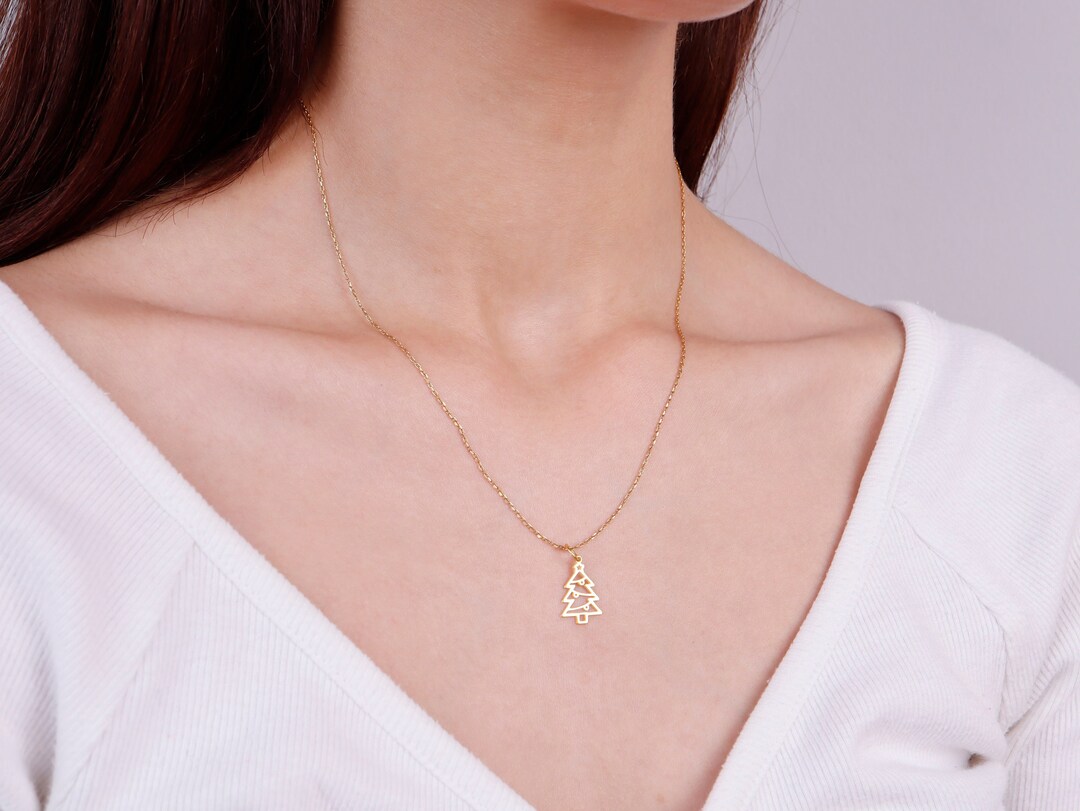 14K Solid Gold Christmas Tree Necklace, Handmade Xmas Jewelry ...