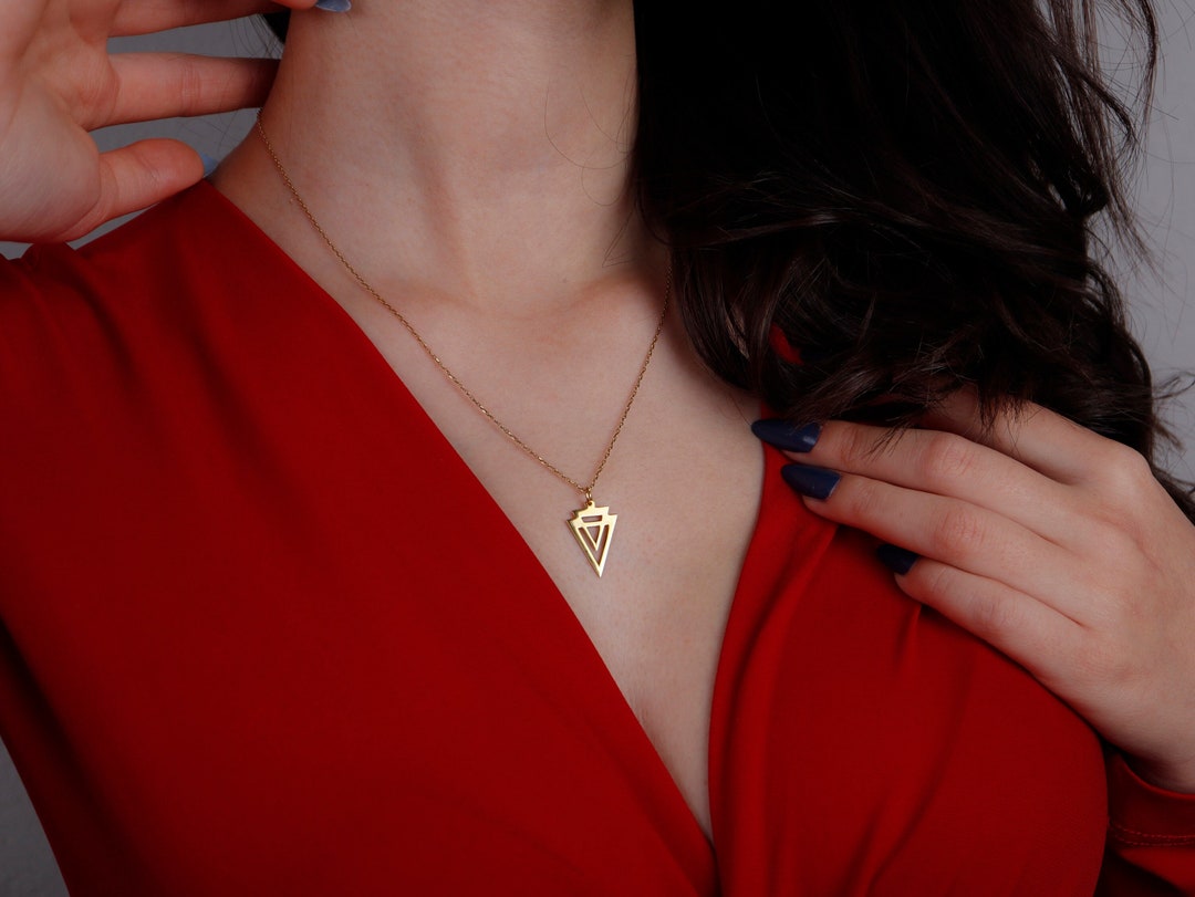 14K Solid Gold Triangle Necklace ,real Gold Triangle Pendant, Letter ...