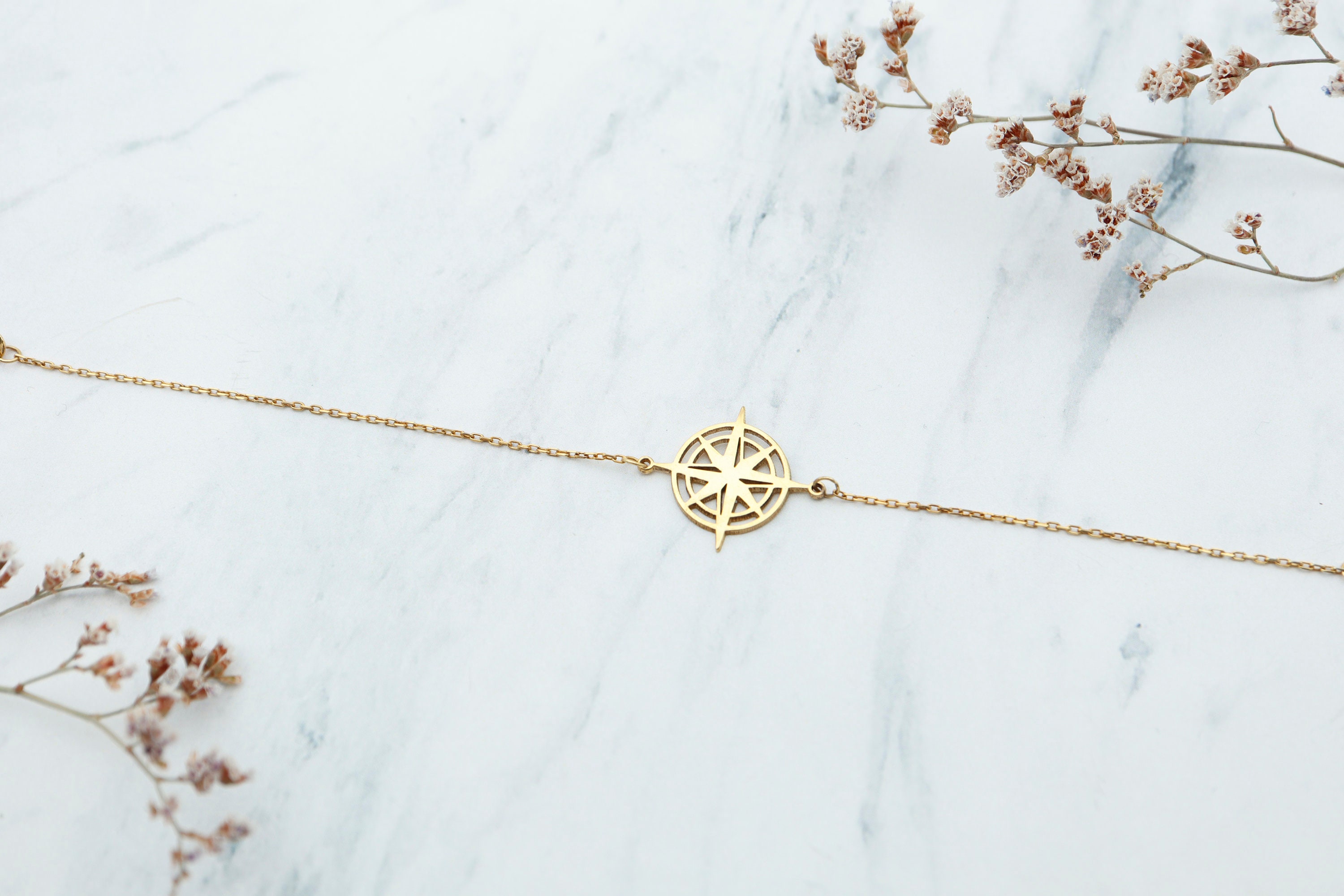14K Solid Gold Compass Bracelet, Compass Jewelry, Gold Traveler ...