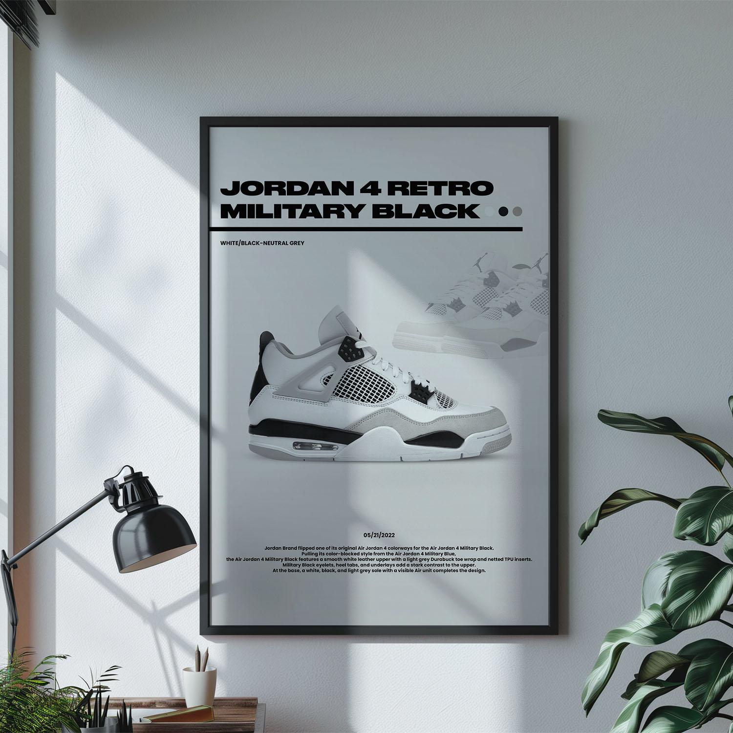 Sneaker Poster Jordan 4 Military Black Art on the Wall With or Without ...
